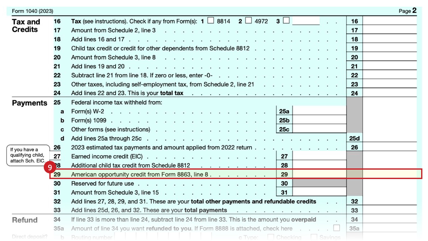 2023 Form 1040 with highlights for American opportunity credit
