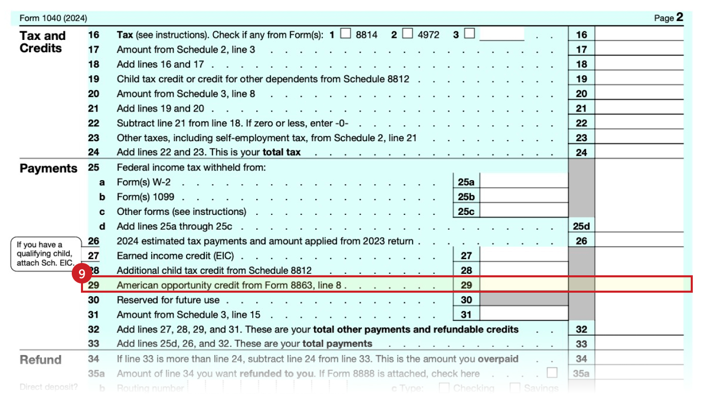 2024 Form 1040 with highlights for American opportunity credit.