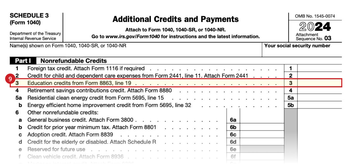 2024 Form 1040, Schedule 3, with highlights for Education Credits.
