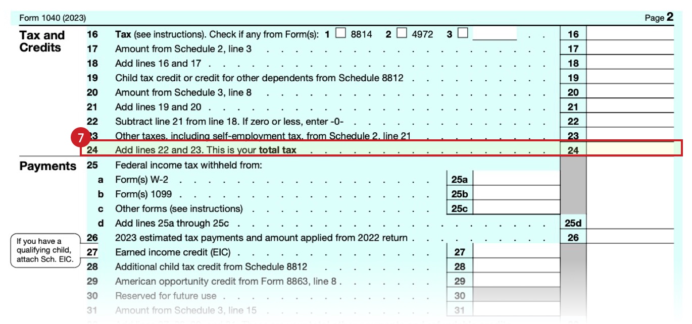 2023 Form 1040 Page 2 With Highlight For Income Tax Paid 2023 Form 1040 Page 2 With Highlight For Income Tax Paid