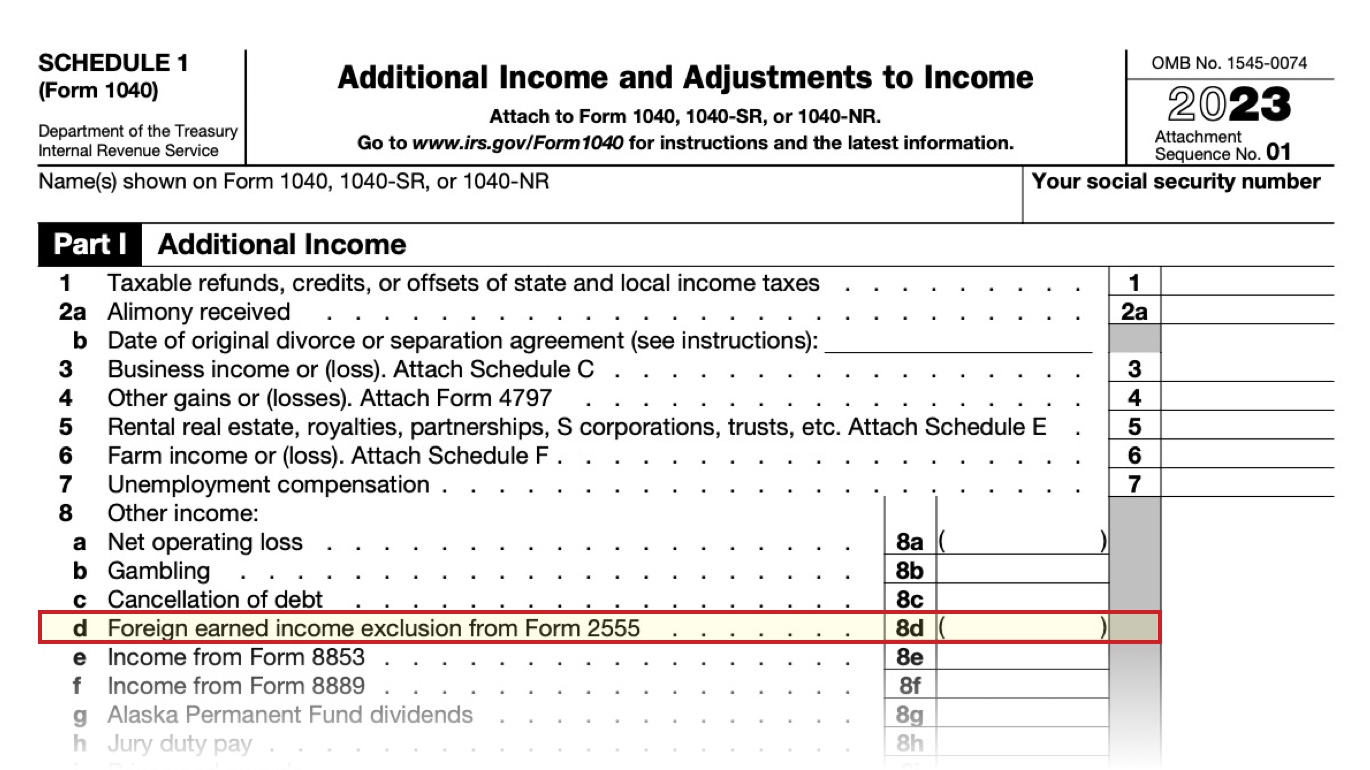 Image of Schedule 1 for the 2023 1040 Form with line 8d highlighted.