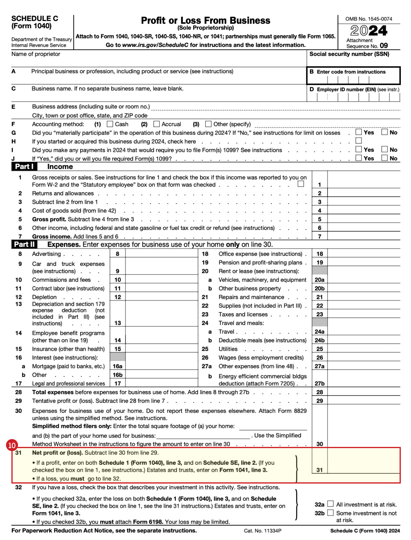 2024 Form 1040, Schedule C, with highlights for Schedule C Amount.